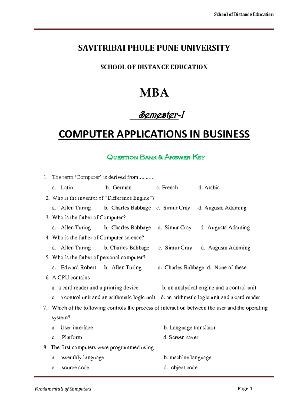 Question Bank for Computer Application in Business - School of Distance ...