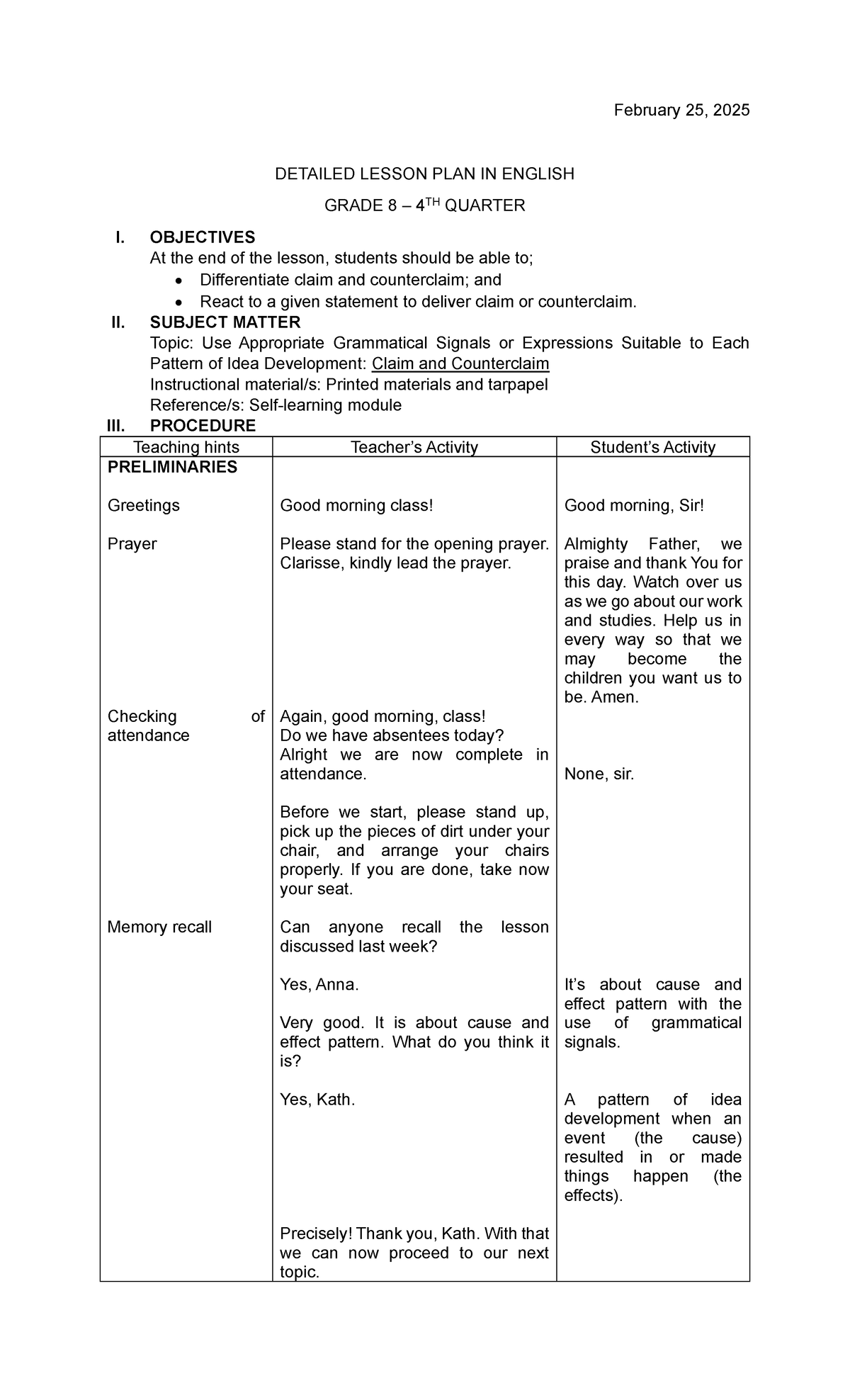 Detailed Lesson Plan: Claim and Counterclaim in English 8 - Studocu