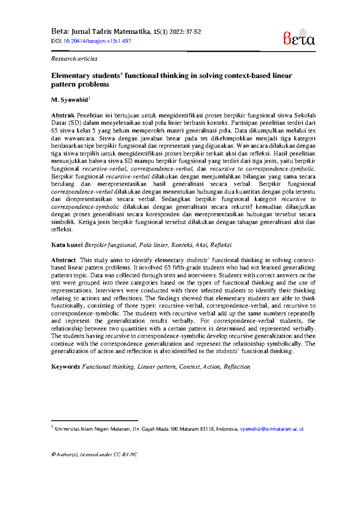 Functional Thinking in Solving Linear Patterns: A Study (EDU123) - Studocu