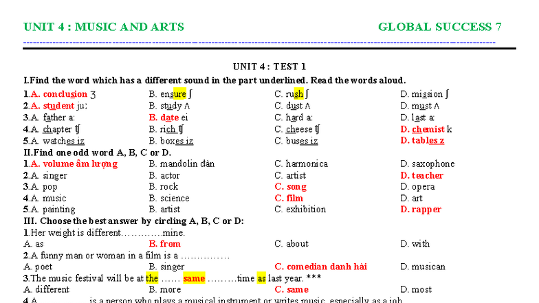 LAN KEY TEST - UNIT 4: MUSIC AND ARTS GLOBAL SUCCESS 7 - Studocu