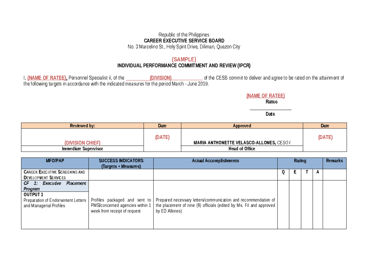 Sample IPCR - DAGAGAGA - Republic of the Philippines CAREER EXECUTIVE ...