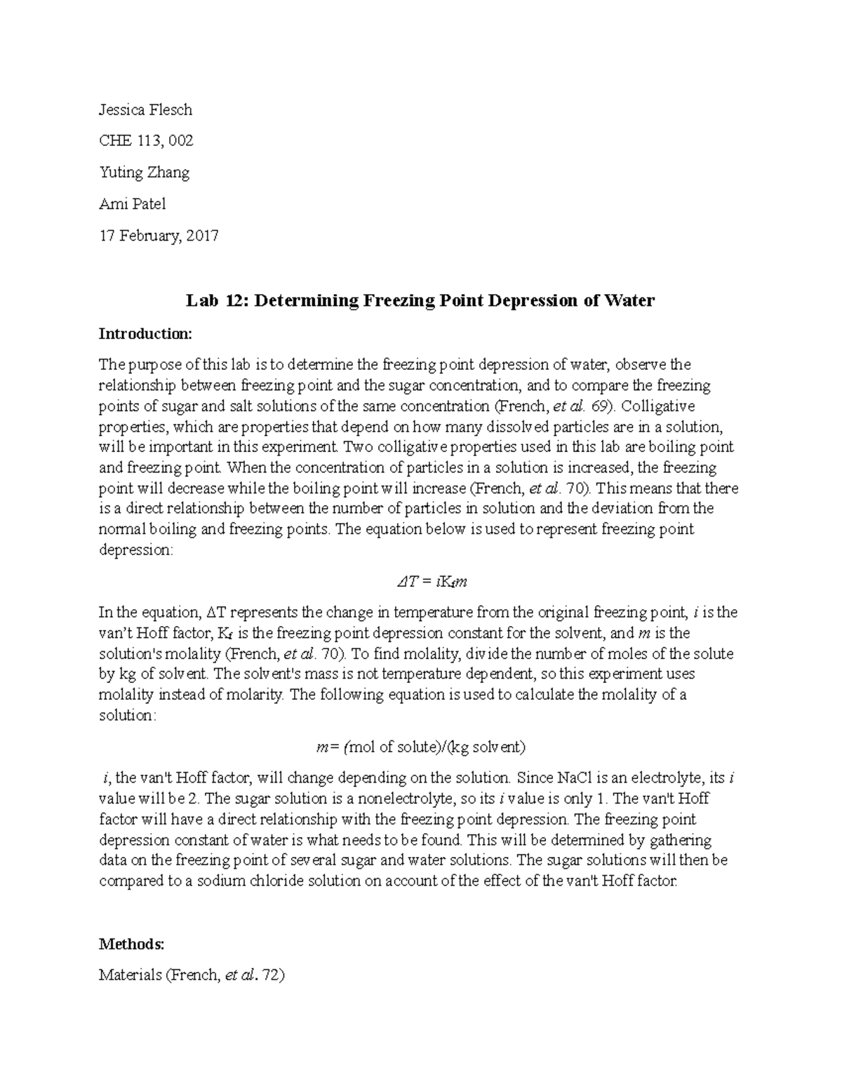 Chemistry 113, Laboratory 12 - Freezing Point Depression Of Water ...
