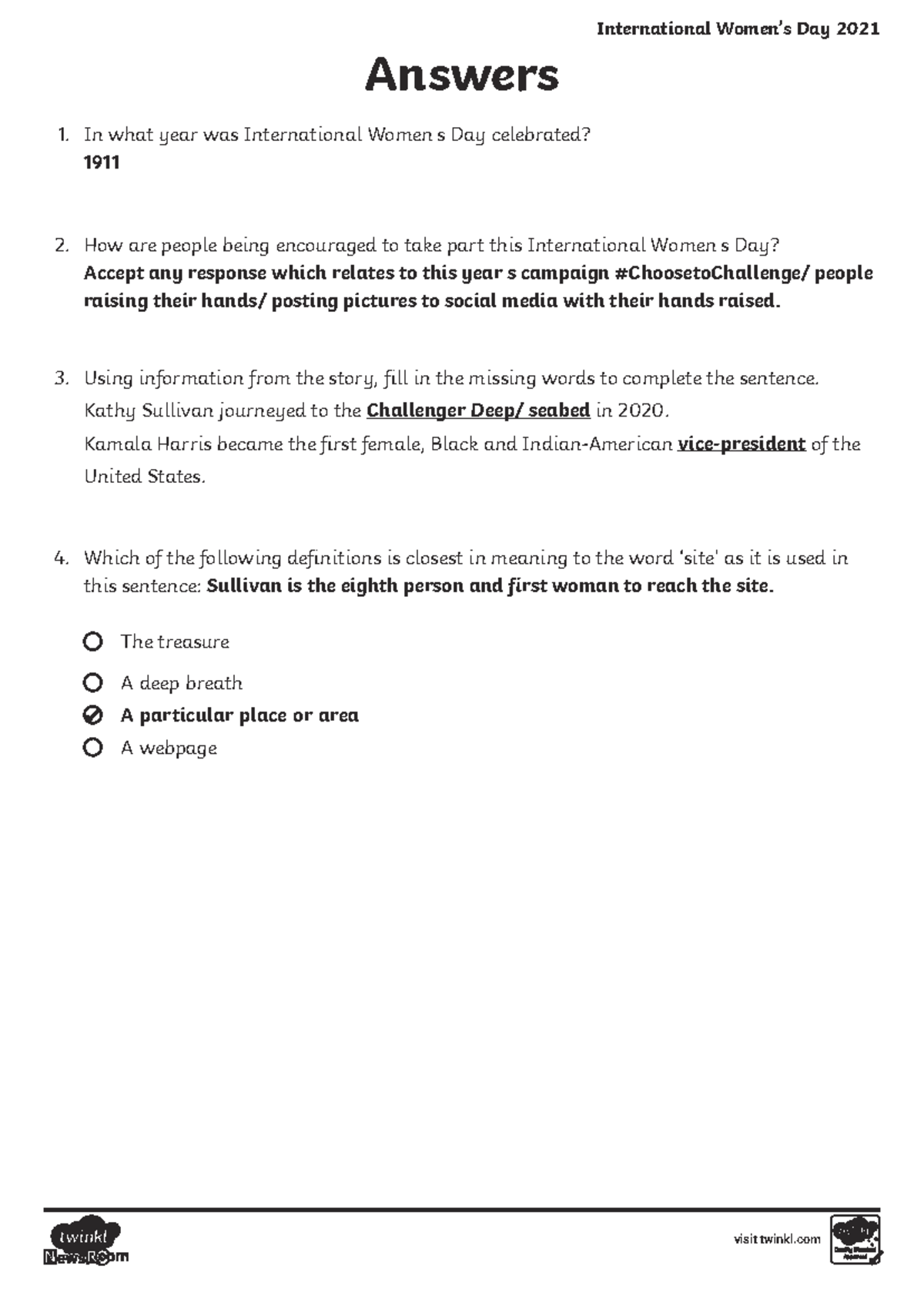Daily Article Answers - IWD 2021 - KS2 (7-9) Insights and Activities ...
