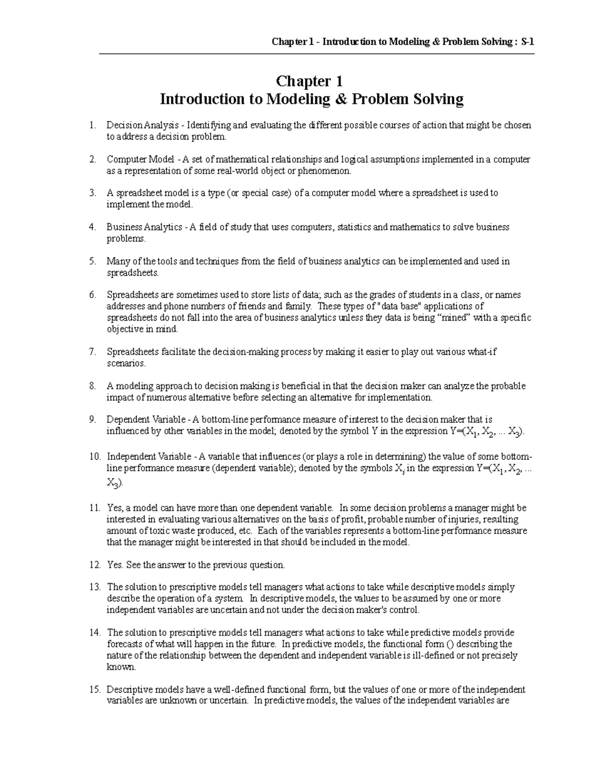 CHAP01 - chapter 1 homework - Chapter 1 - Introduction to Modeling & Problem Solving : S- - Studocu