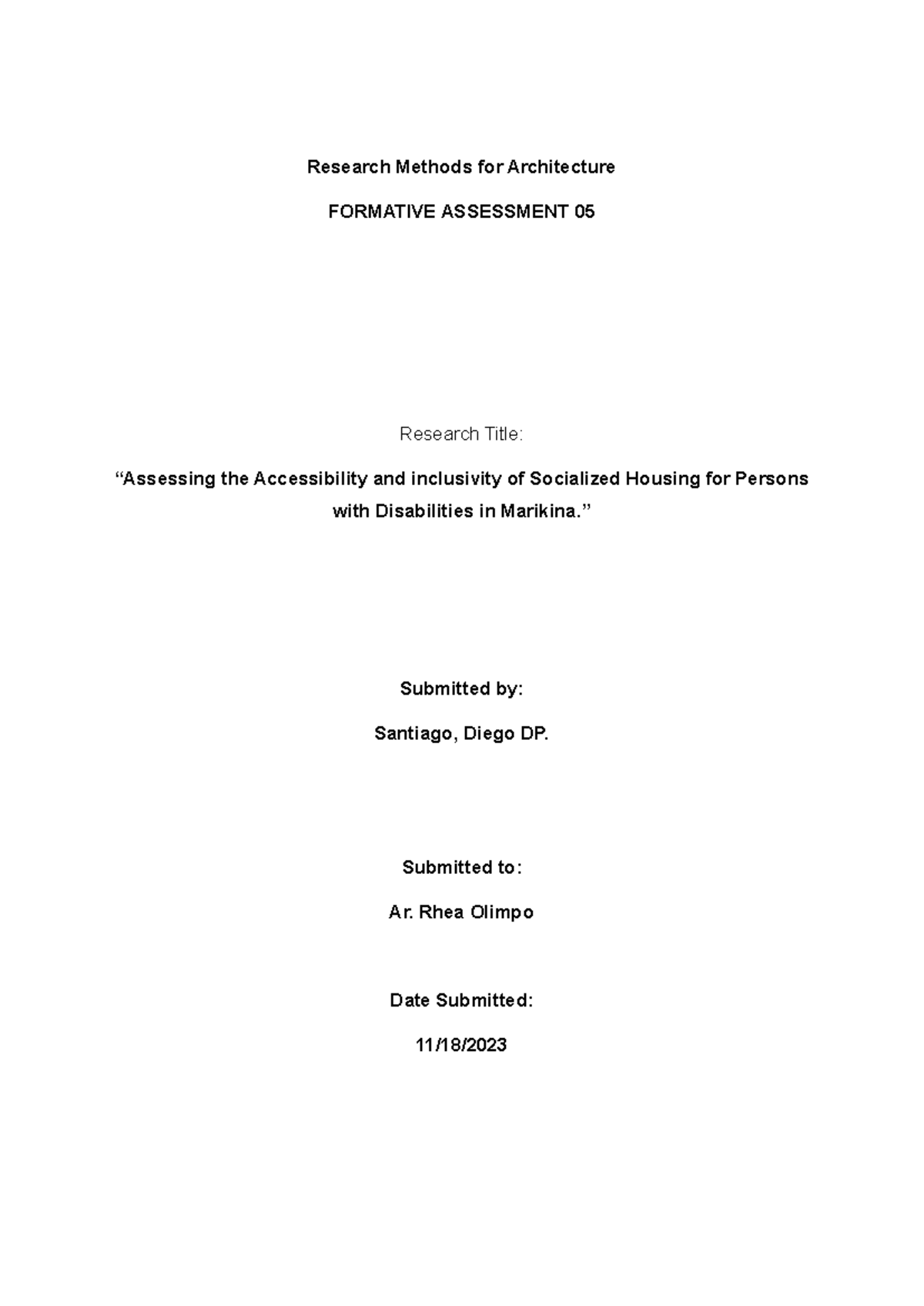 Assessing Accessibility of Socialized Housing for PWDs (Arch 101) - Studocu