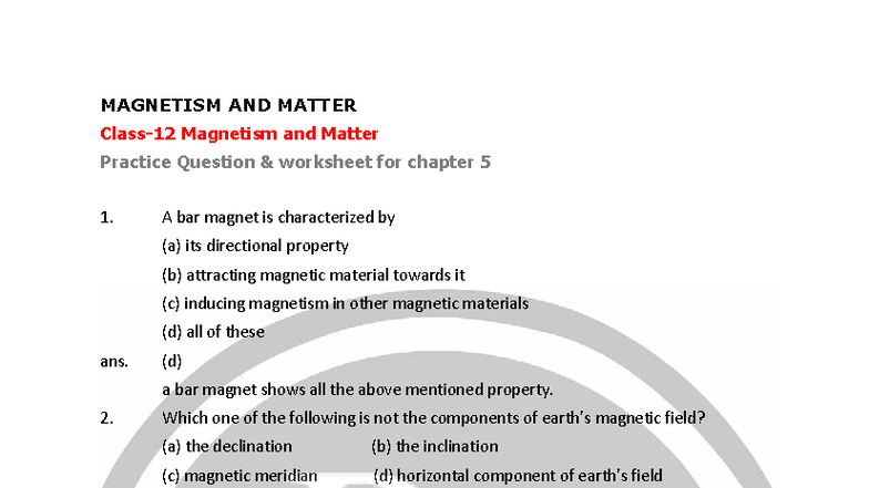 Ch5 - Magnetism and Matter Practice Questions Worksheet - Studocu