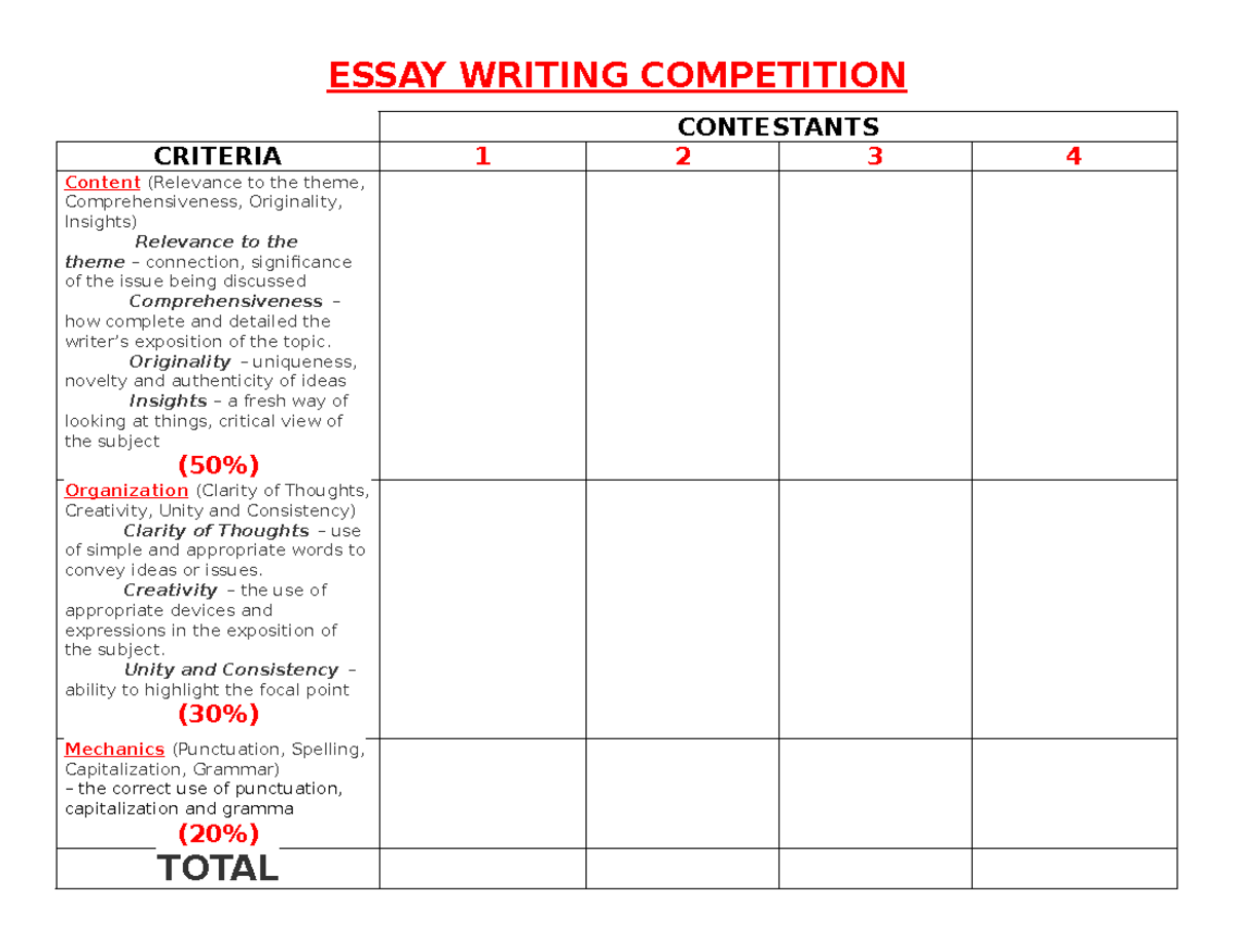 Litmus Criteria for Judging Essay Writing Competition Guidelines - Studocu
