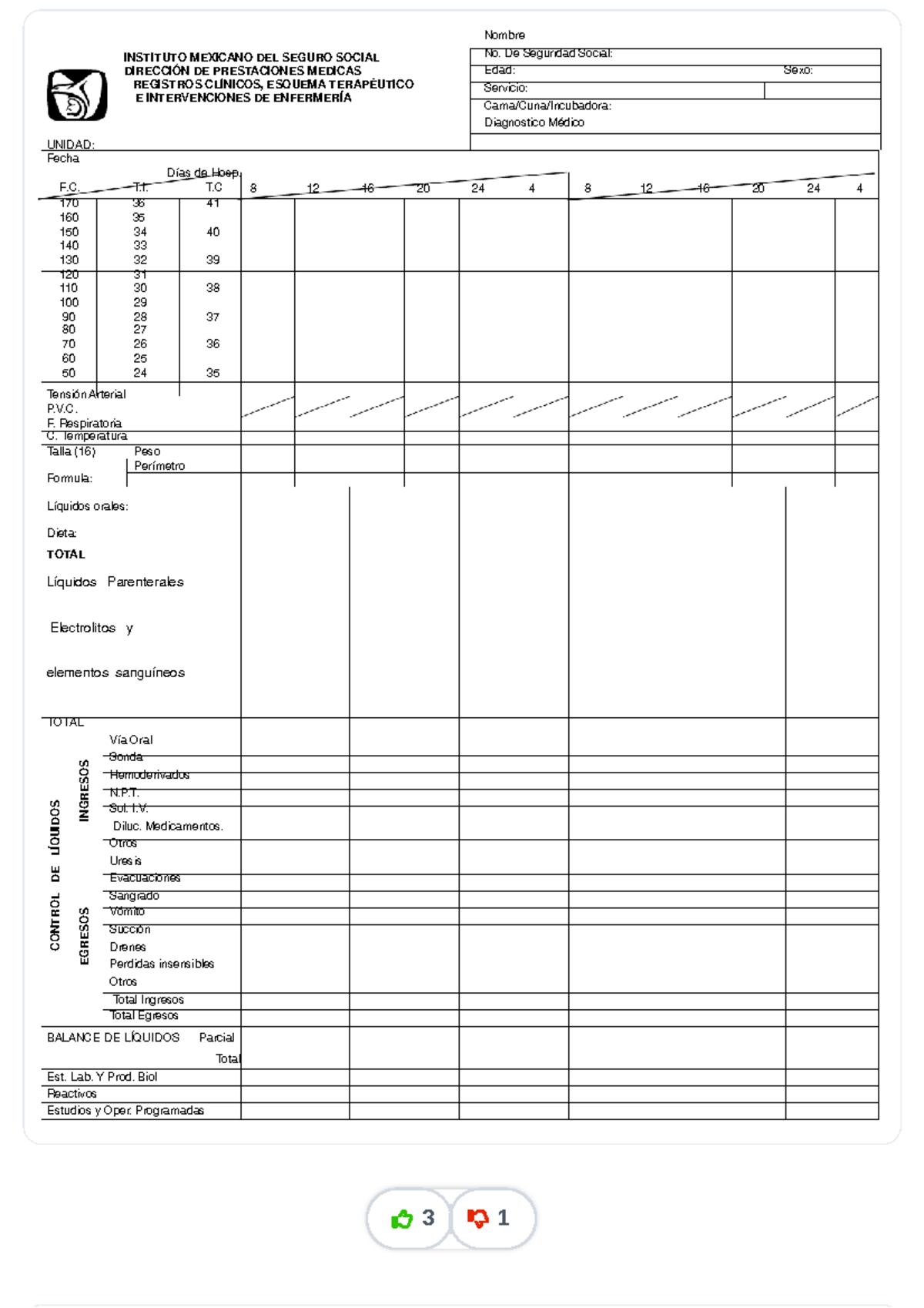 Formato de Hoja de Enfermería IMSS para Imprimir y Control de Líquidos ...