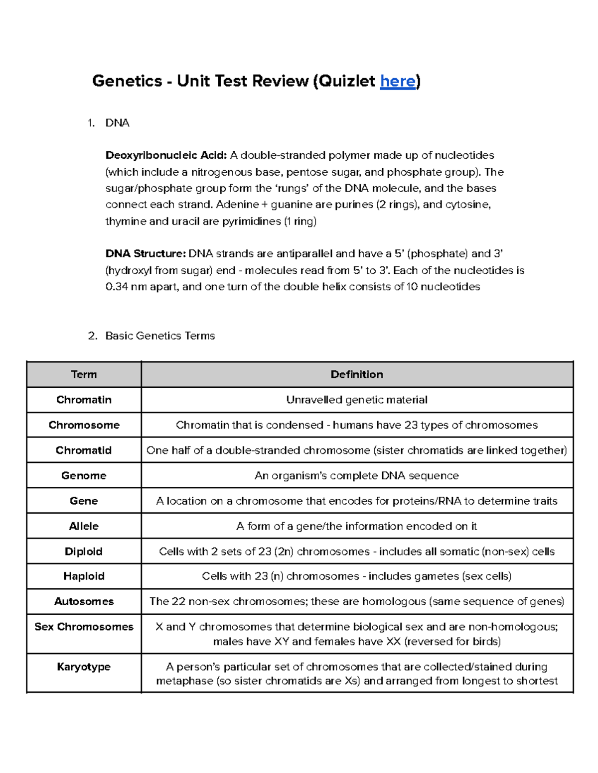 Genetics Test Review - Genetics - Unit Test Review (Quizlethere) 1. DNA ...