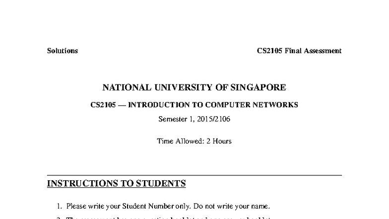 CS2105 Final Assessment Solutions: Computer Networks Exam - Studocu