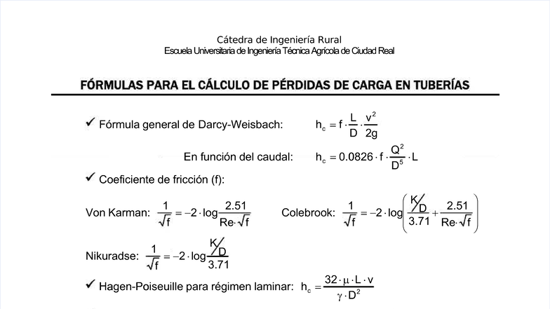 Fórmulas de Cálculo de Pérdidas de Carga en Tuberías - Cátedra de ...