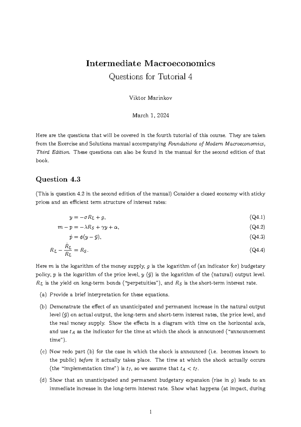 Intermediate Macroeconomics - Questions for Tutorial 4 (2024) - Studeersnel