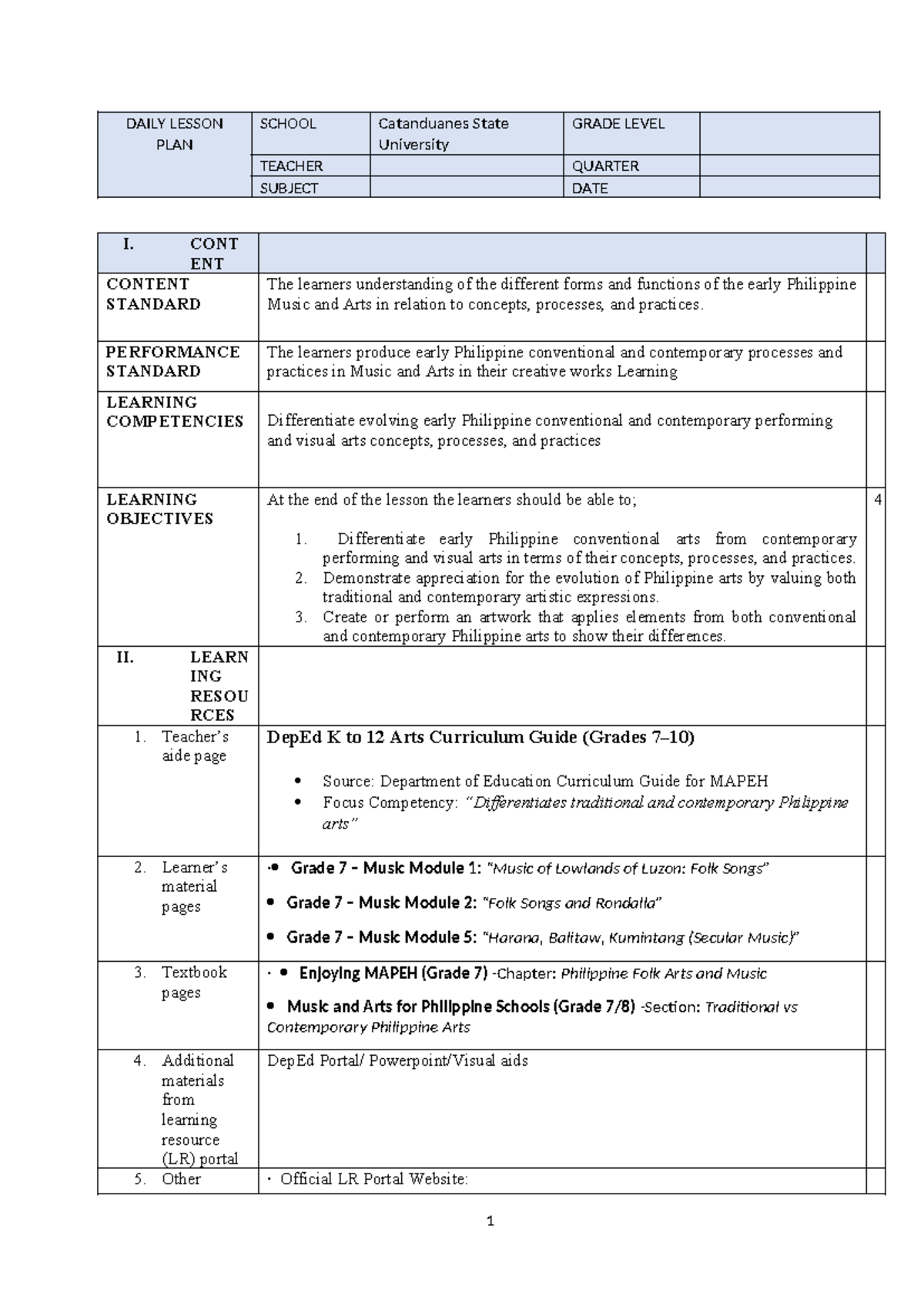 DLP: Lesson Plan on Early Philippine Arts - Grade 7 MAPEH - Studocu