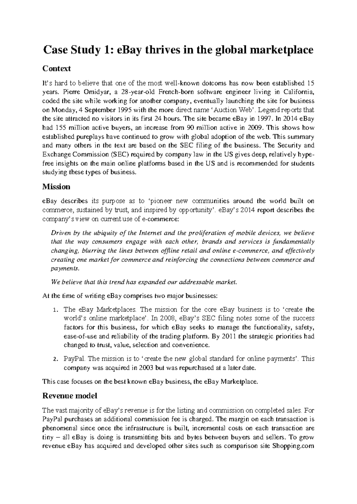 Case Study: eBay's Global Marketplace Success and Growth Strategy - Studocu