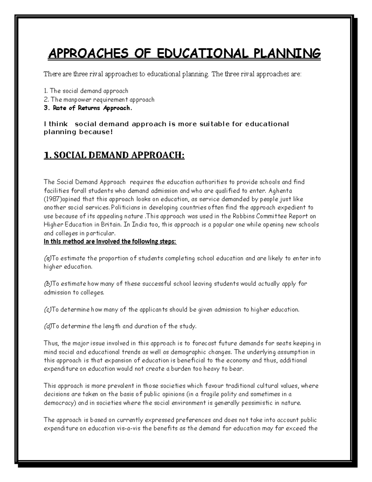 Educational Planning Approaches: Social Demand, Manpower, and Returns ...