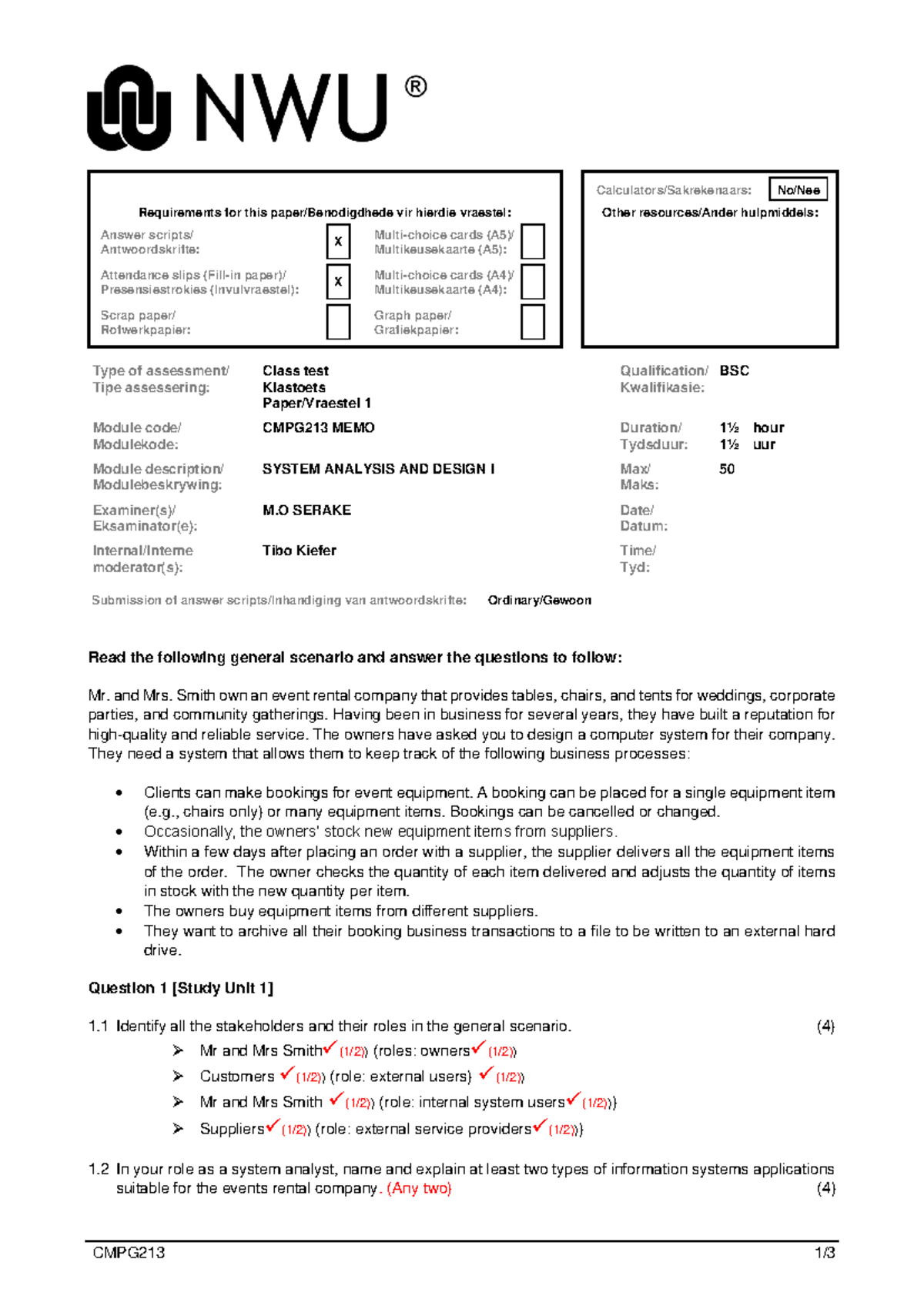 CMPG213 Class Test 1 Memo: System Analysis & Design I - Studocu