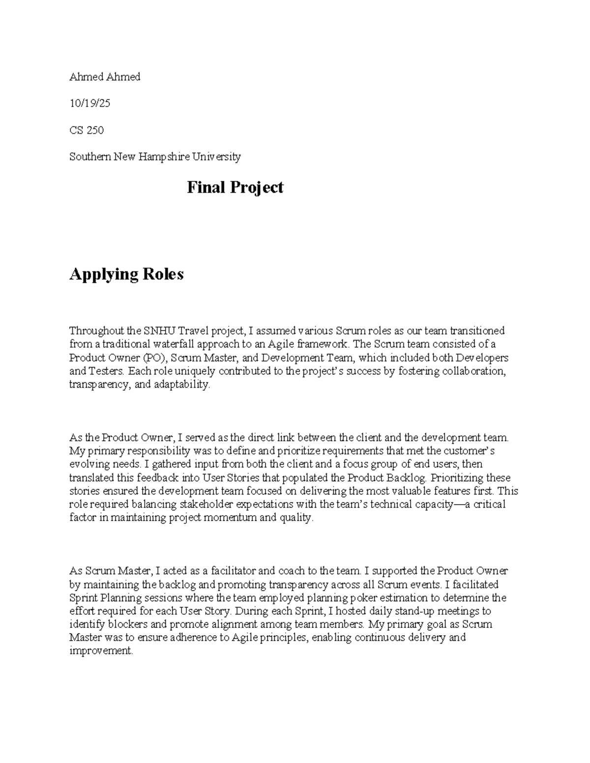 CS 250 Final Project: Agile Roles in the SNHU Travel Project - Studocu
