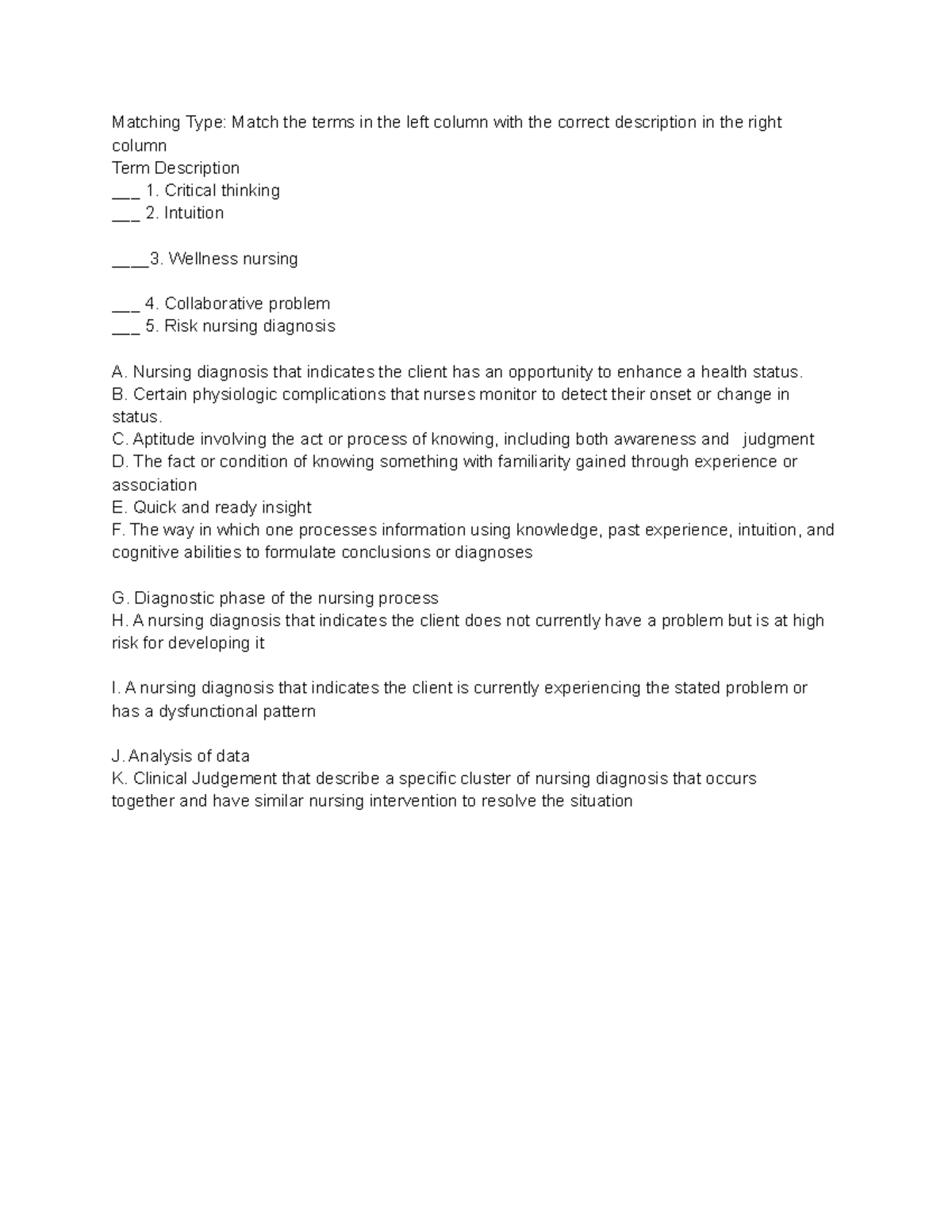Matching TYPE - PRACTICE MATERIALS - Matching Type: Match the terms in ...