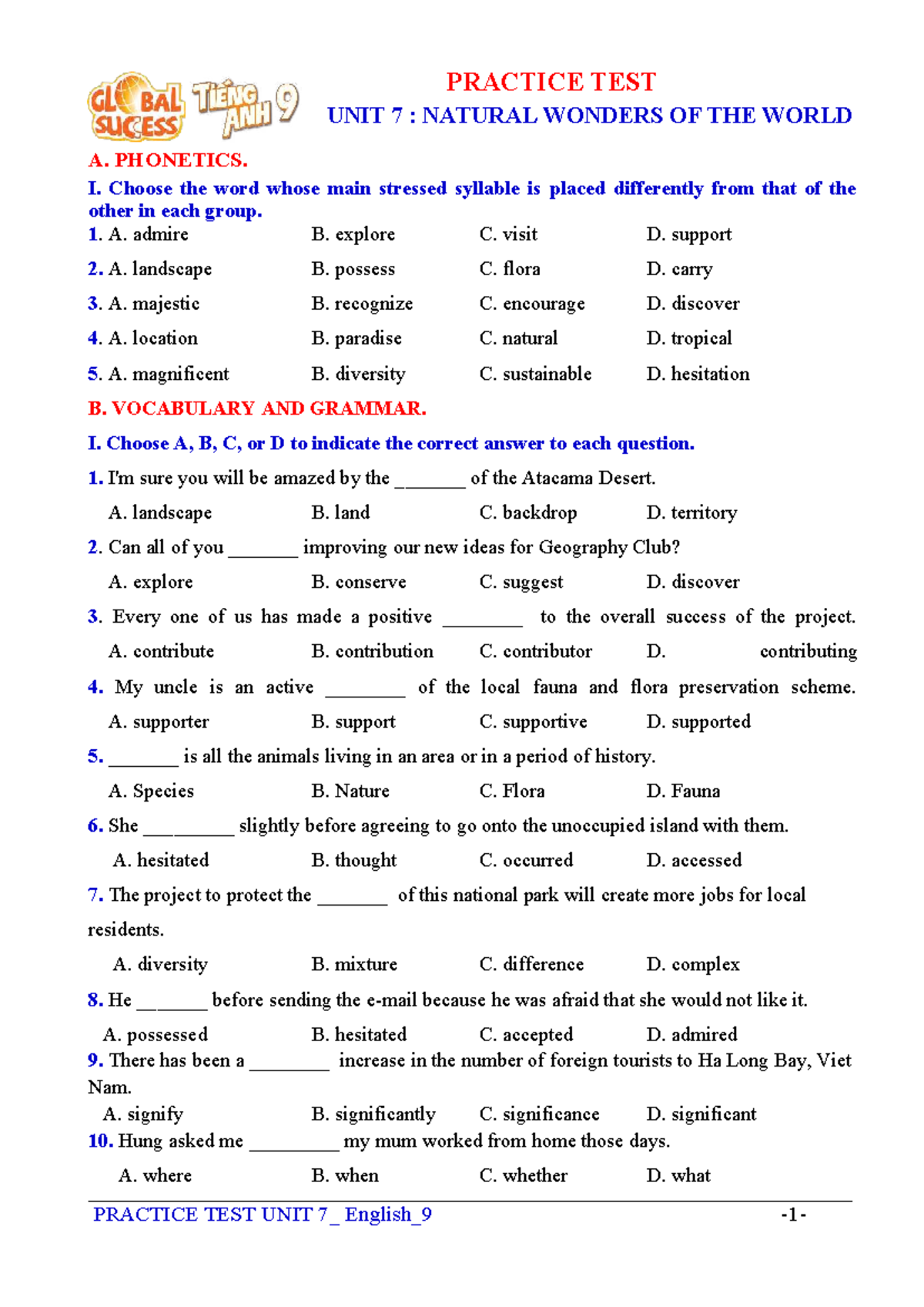 PRACTICE TEST UNIT 7: NATURAL WONDERS OF THE WORLD - PHONETICS ...