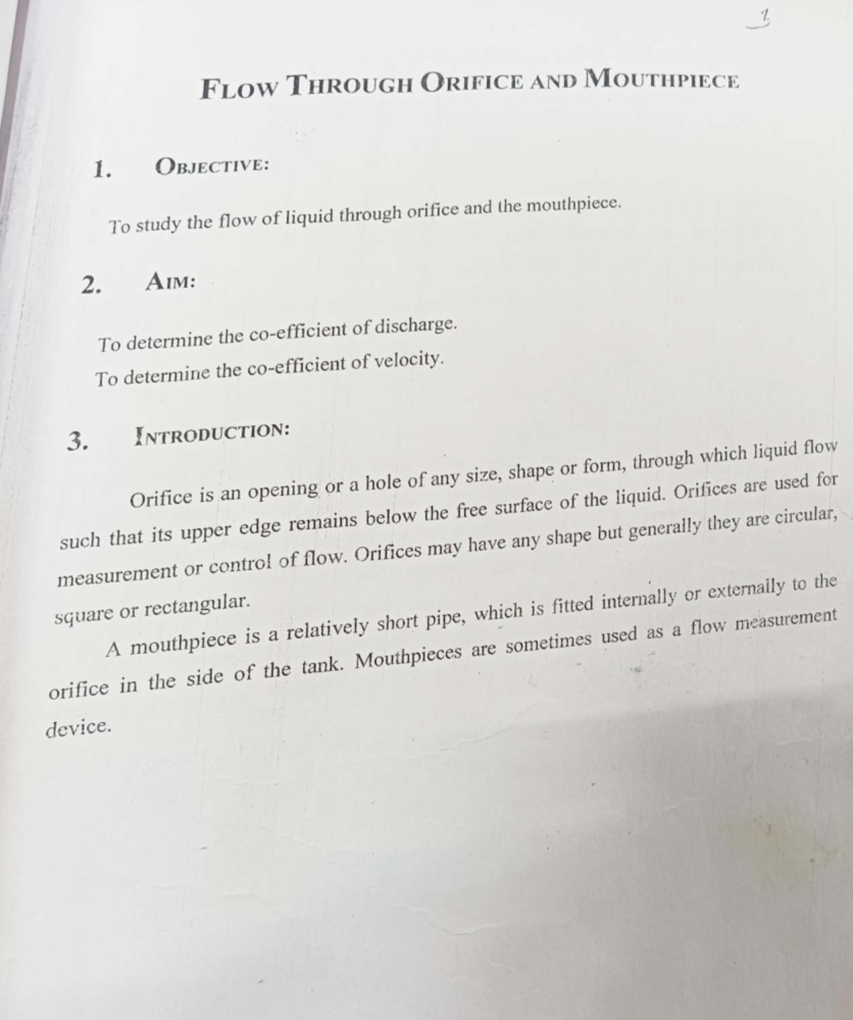 FLOW 1: Study of Orifice and Mouthpiece Discharge Characteristics - Studocu