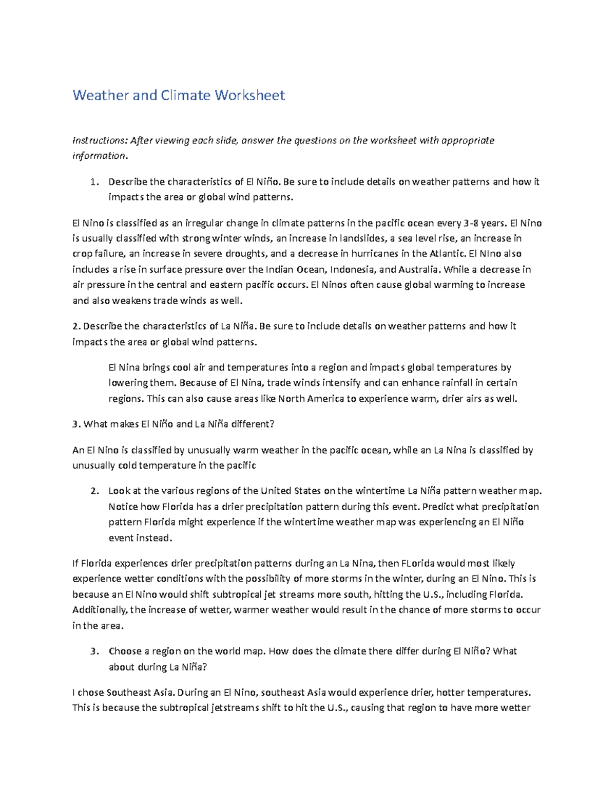 2.05 weather and climate - Weather and Climate Worksheet Instructions ...