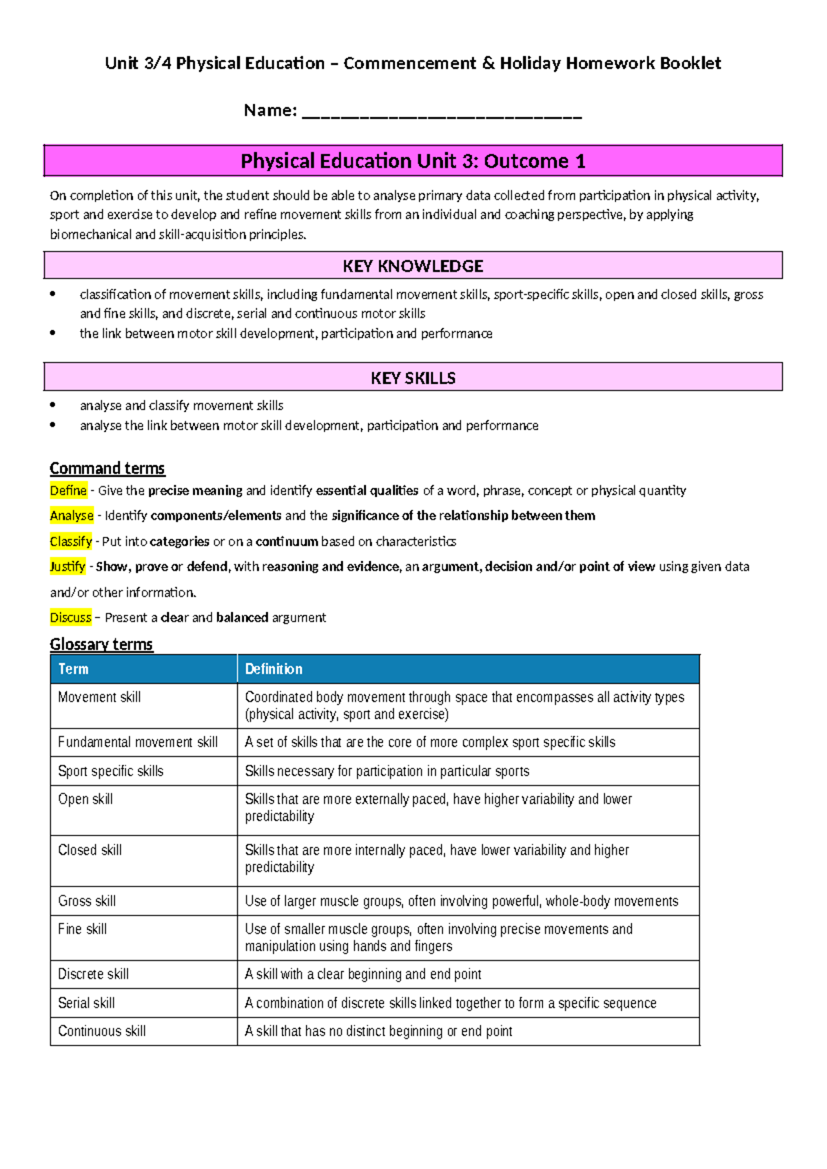 2026 34PE Commencement Holiday Homework: Motor Skills Analysis - Studocu