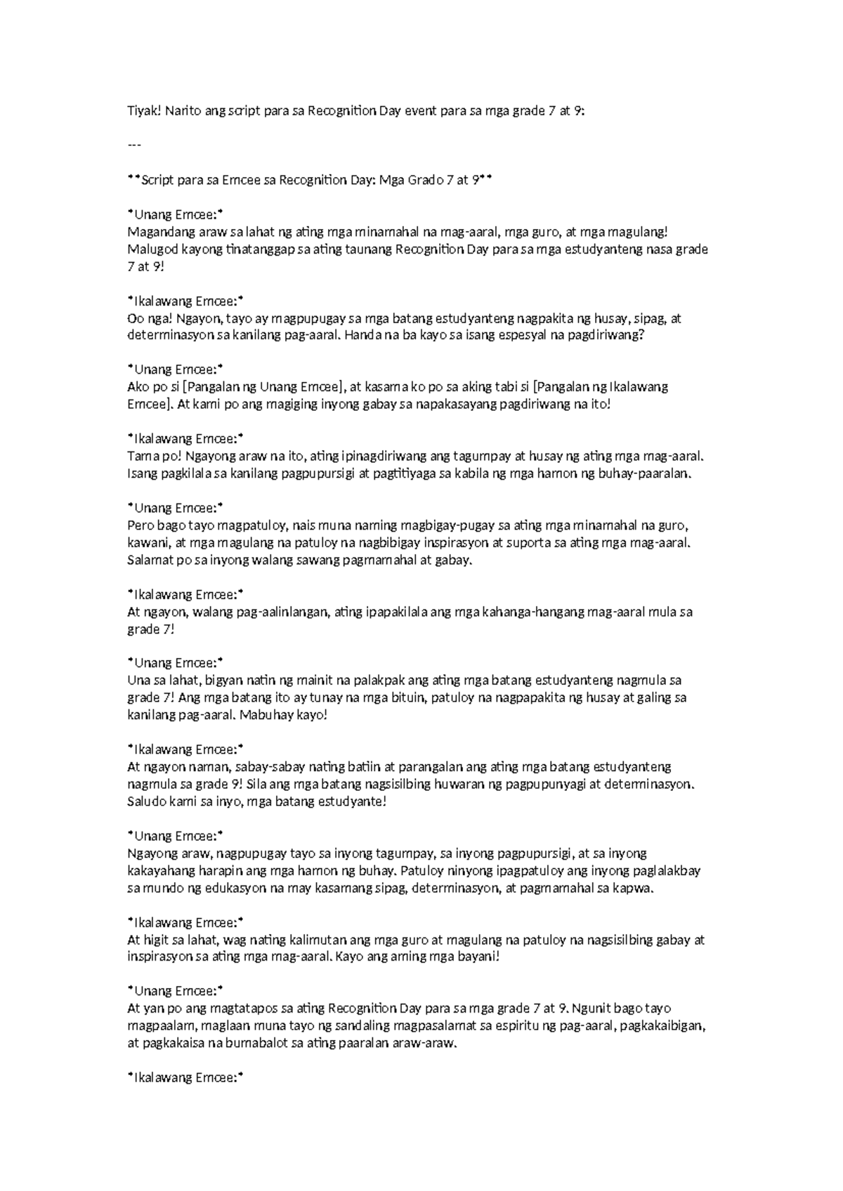 Emcee Script para sa Recognition Day ng Grade 7 at 9 - Studocu