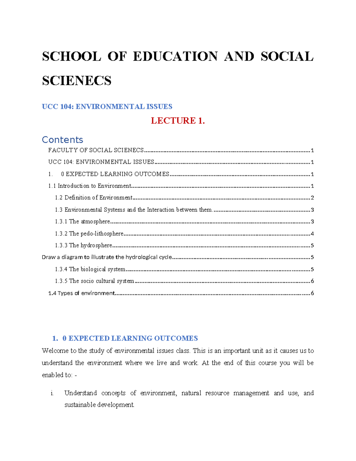 UCC 104: Lecture 1 - Introduction to Environmental Issues - Studocu