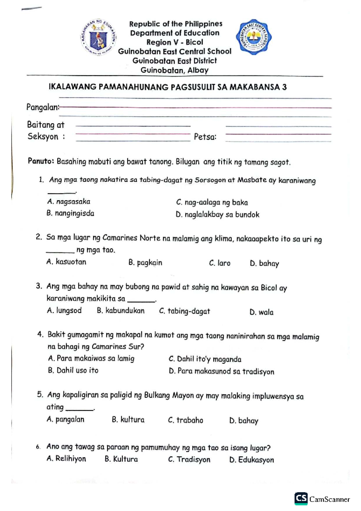 IKALAWANG PAMANAHUNANG PAGSUSULIT SA MAKABANSA 3 - Studocu