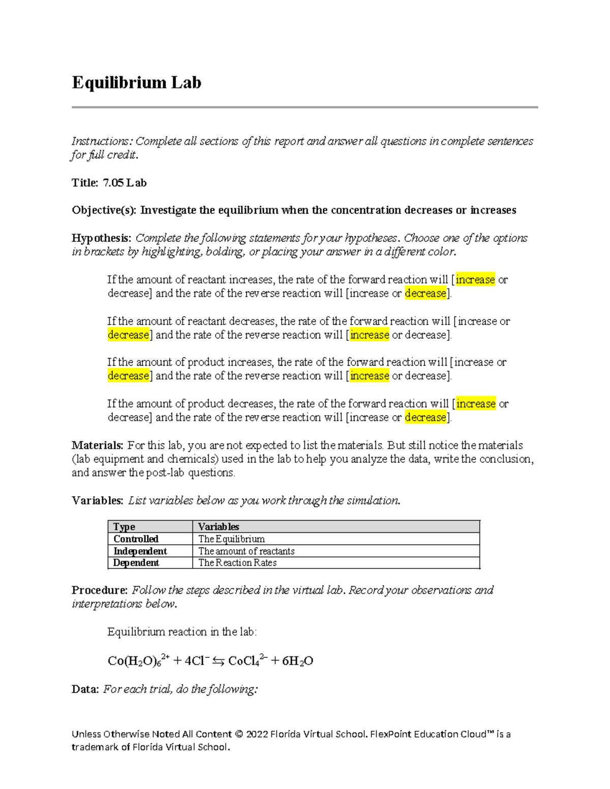 7.05 FLVS Chem Lab Report: Investigating Equilibrium Changes - Studocu
