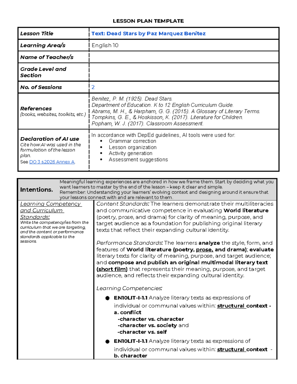 ILAW-10 Lesson Plan: Analyzing "Dead Stars" by Paz Marquez Benitez ...