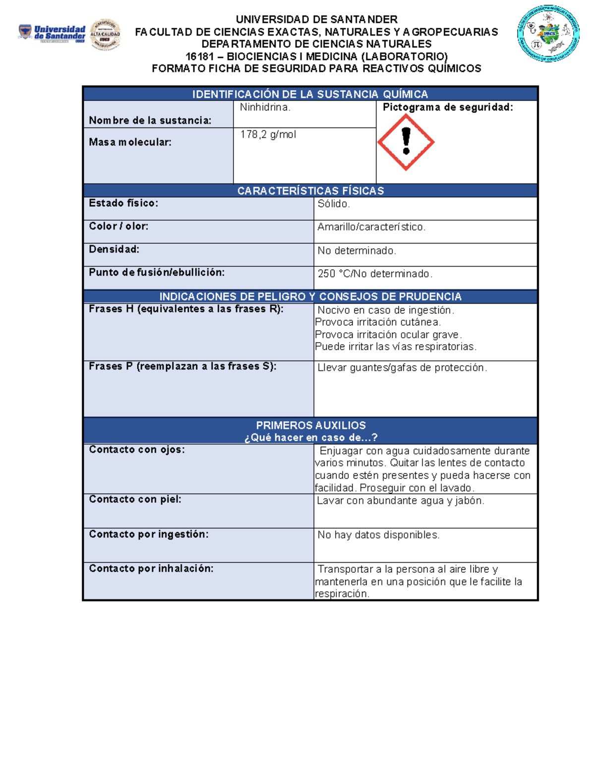 Ficha de Seguridad de Ninhidrina - 16181 Biociencias I Medicina (Lab ...