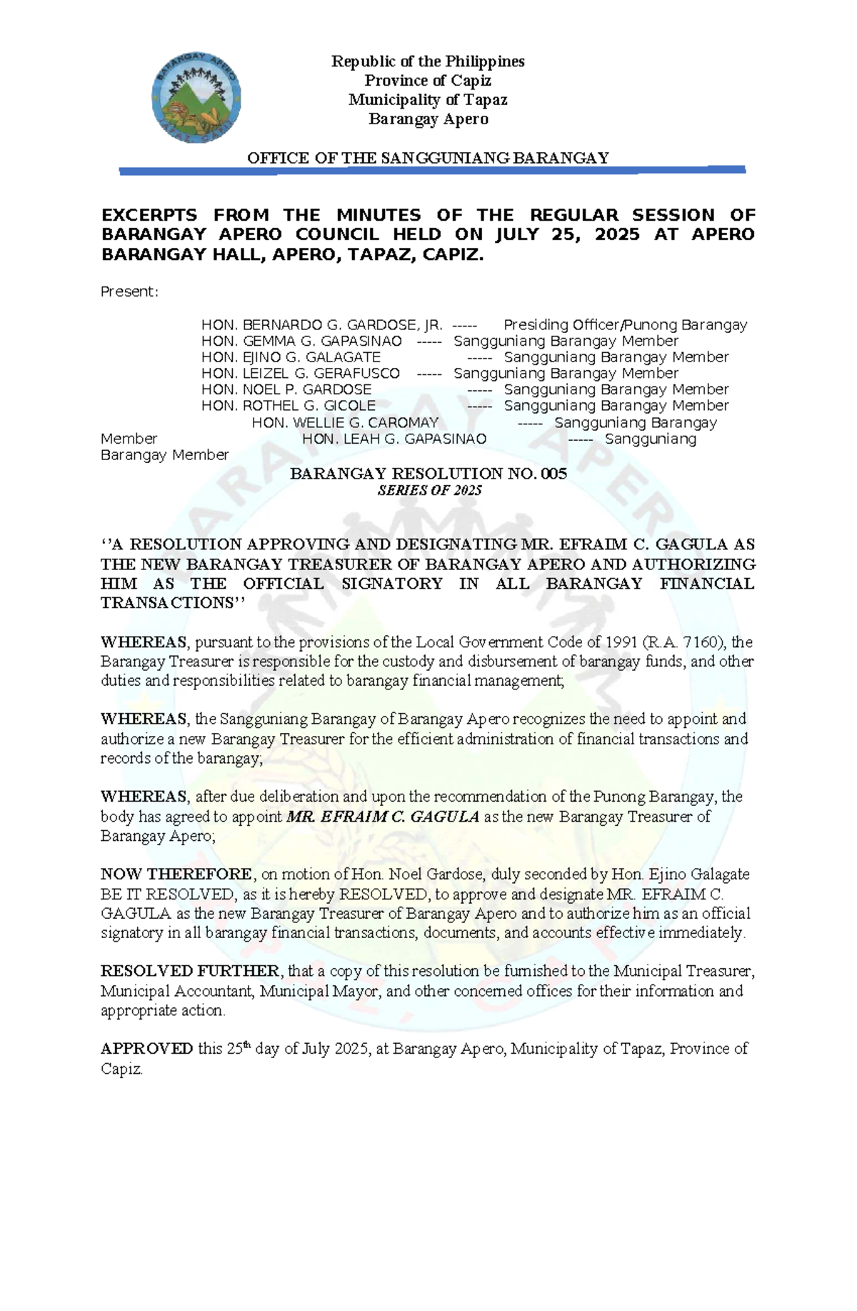 Barangay Apero Resolution No. 005-2025: New Treasurer Designation - Studocu