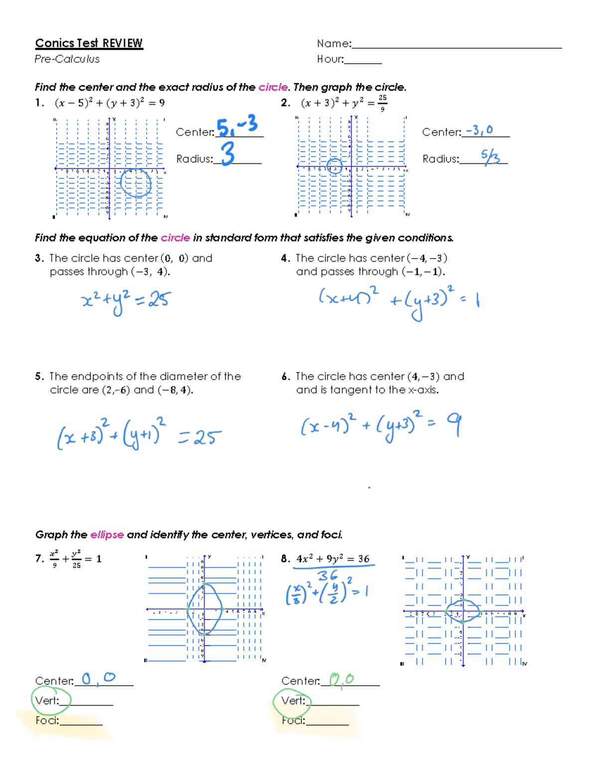 Conics Test Review - Pre-Calculus (Course Code: XX123) - Studocu