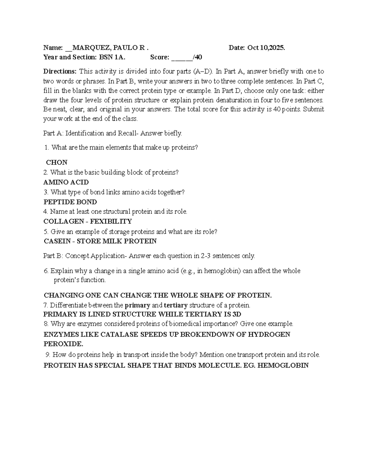 Bychem 9: Proteins - BSN 1A Activity on Protein Structure and Function ...
