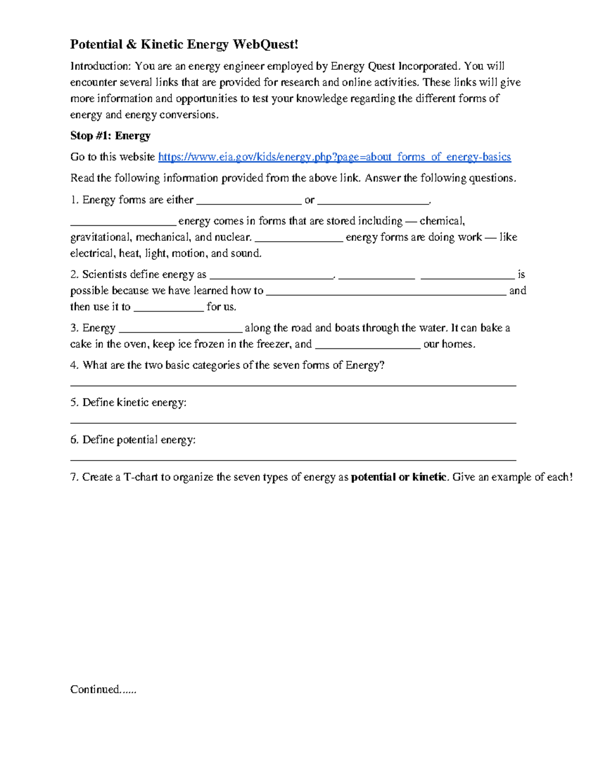 Potential & Kinetic Energy WebQuest (Energy 101) - Studocu