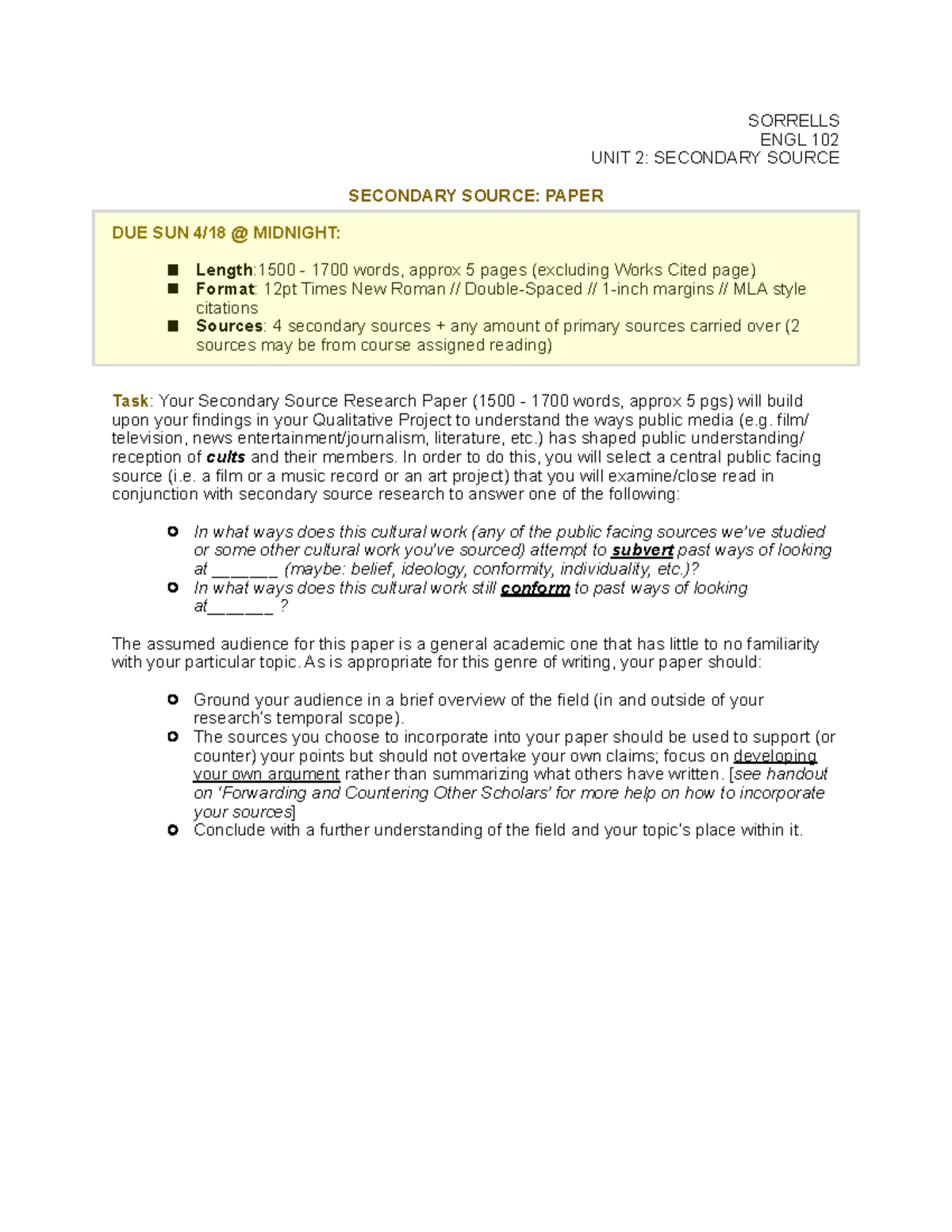 ENGL 102 Unit 2: Secondary Source Research Paper Guidelines - Studocu