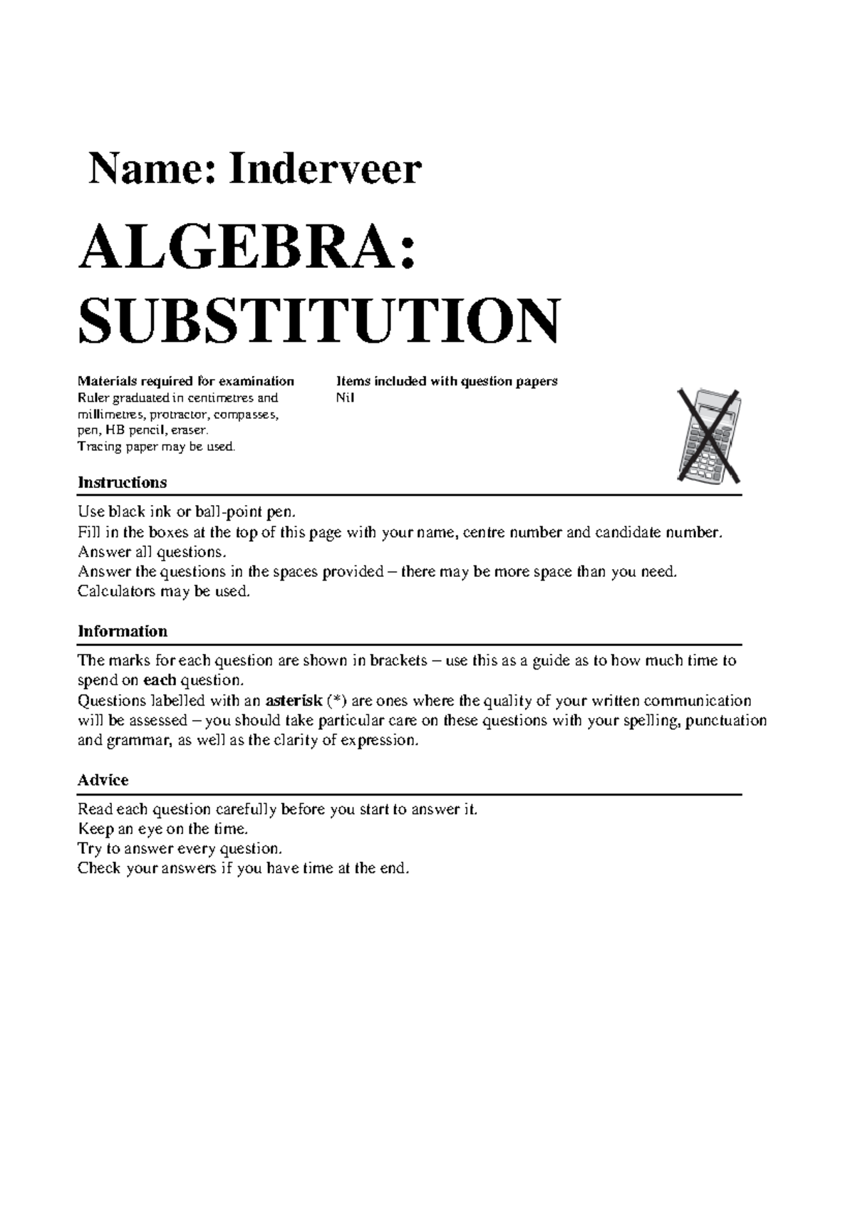 Mathematics (1MA) GCSE Exam Notes: Substitution in Algebra - Studocu