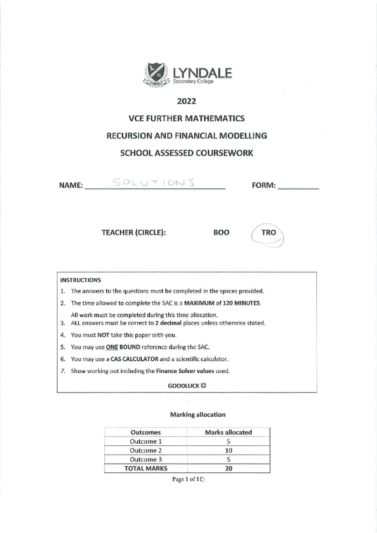 2022 VCE Further Mathematics SAC: Recursion & Financial Modelling ...