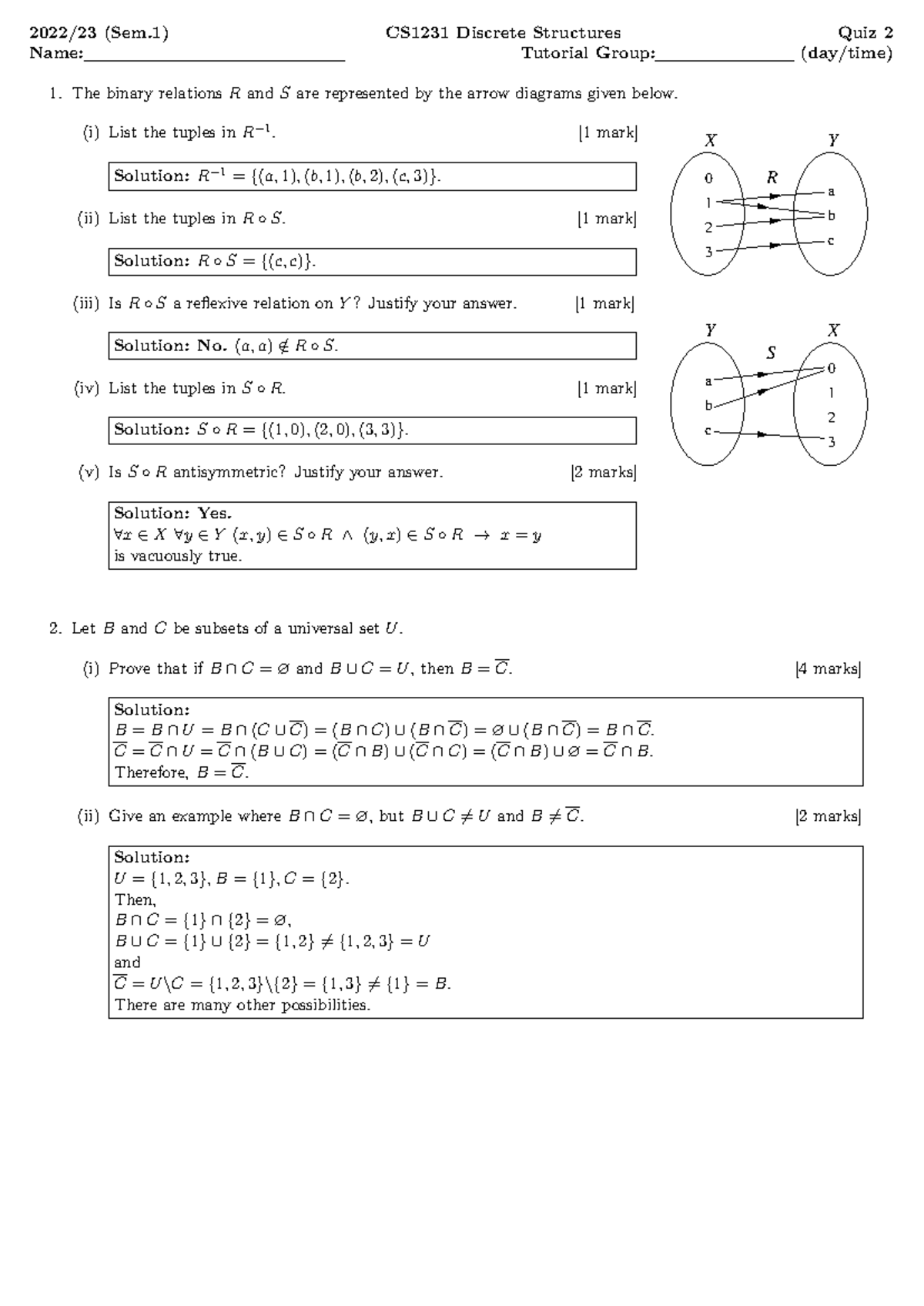 (Sem.1) CS1231 Discrete Structures Quiz 2 Solutions - Studocu