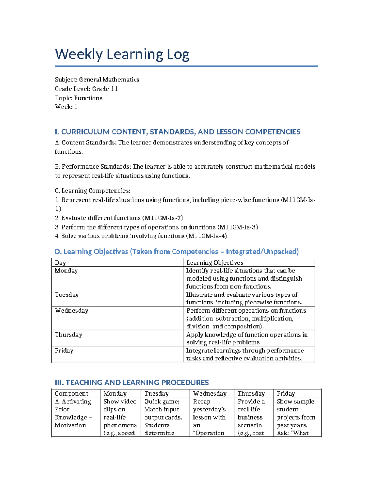 Weekly Learning Log: Gen Math 11 - Functions Week 1 Overview - Studocu