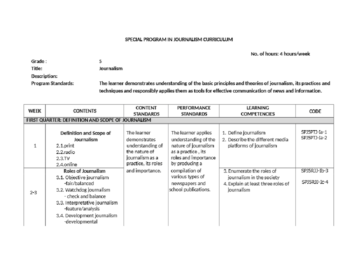 Curriculum Guide: Journalism Program Standards and Competencies (Grade ...