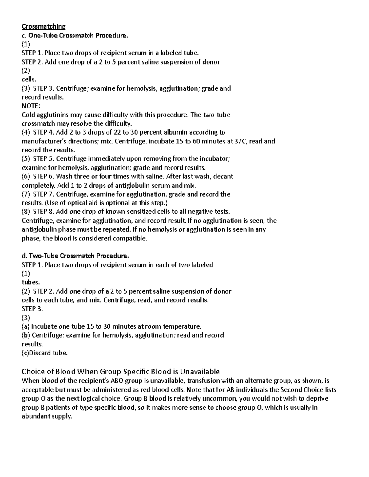 Crossmatching Procedures and Agar Preparation Guide - Studocu