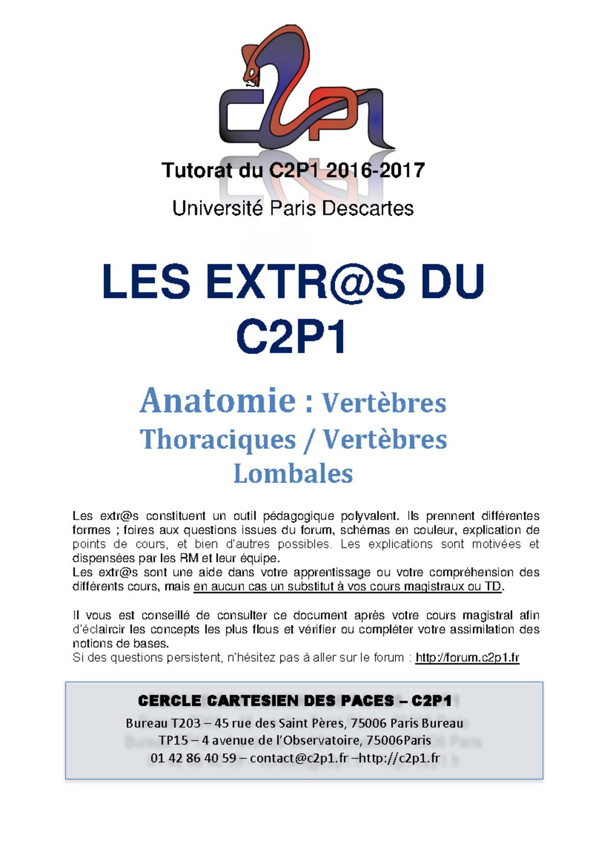 Les vertèbres thoraciques et lombaires Fiche C2P1 - Tutorat du C2P1 ...