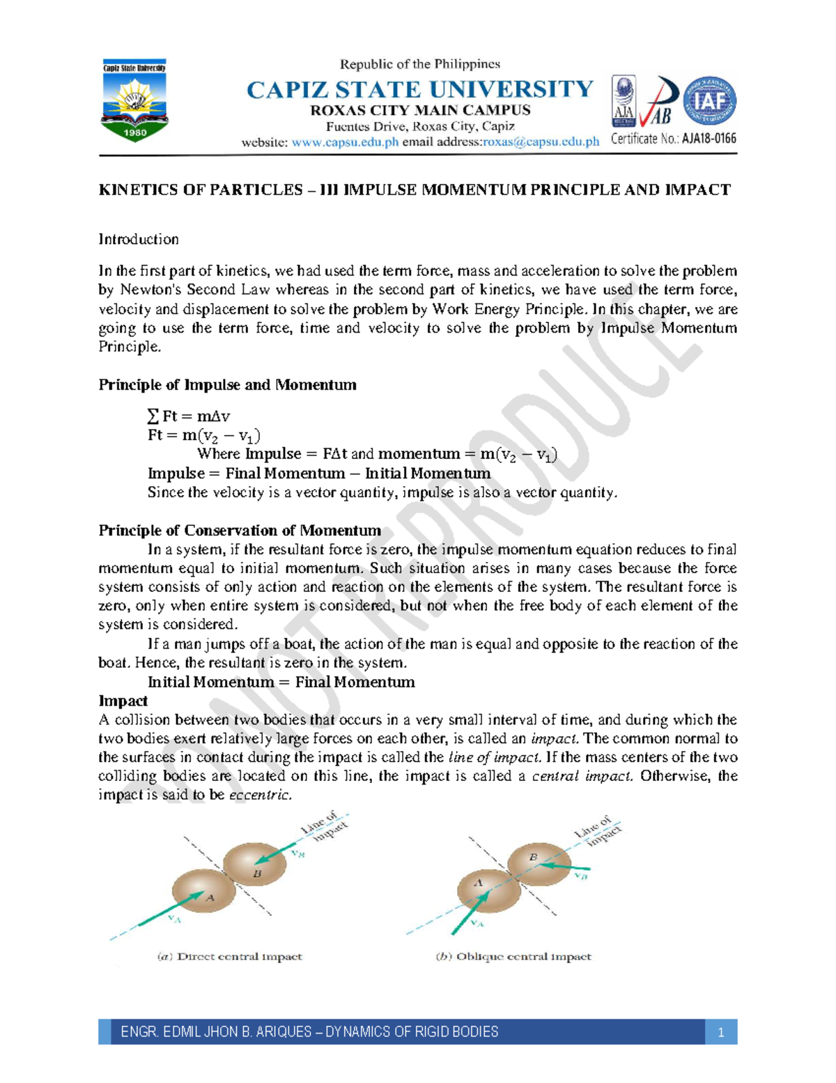 Module 5: Impulse Momentum Principle & Impact Analysis - Studocu