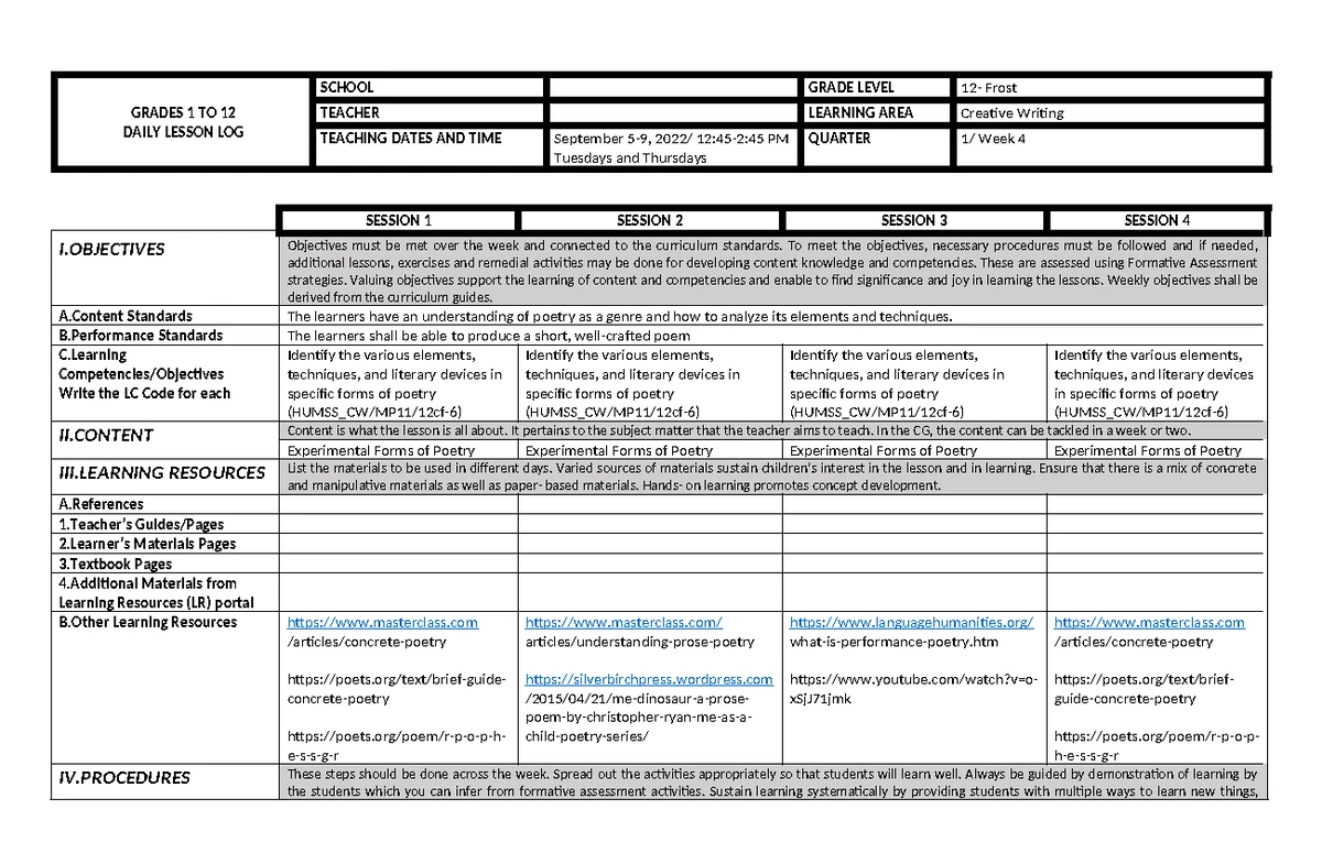 Creative Writing Lesson Plan (Grade 11) for One-Act Play Development ...