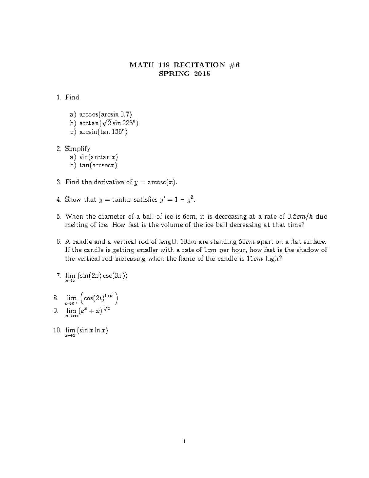 MATH 119 RECITATION SPRING 2015: Practical Problems & Solutions - Studocu