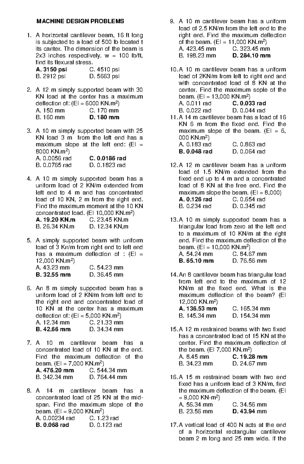 Machine Design 1000 Problems - MACHINE DESIGN PROBLEMS A horizontal cantilever beam, 16 ft long ...