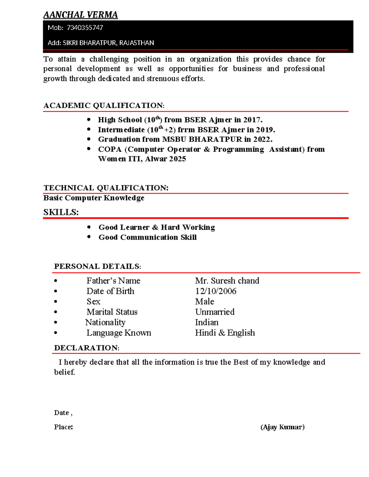 AANCHAL VERMA - Resume and Career Objective Overview - Studocu