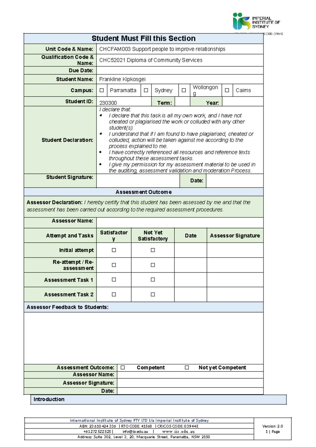 CHCFAM003 Student Assessment Tasks: Support for Relationship ...
